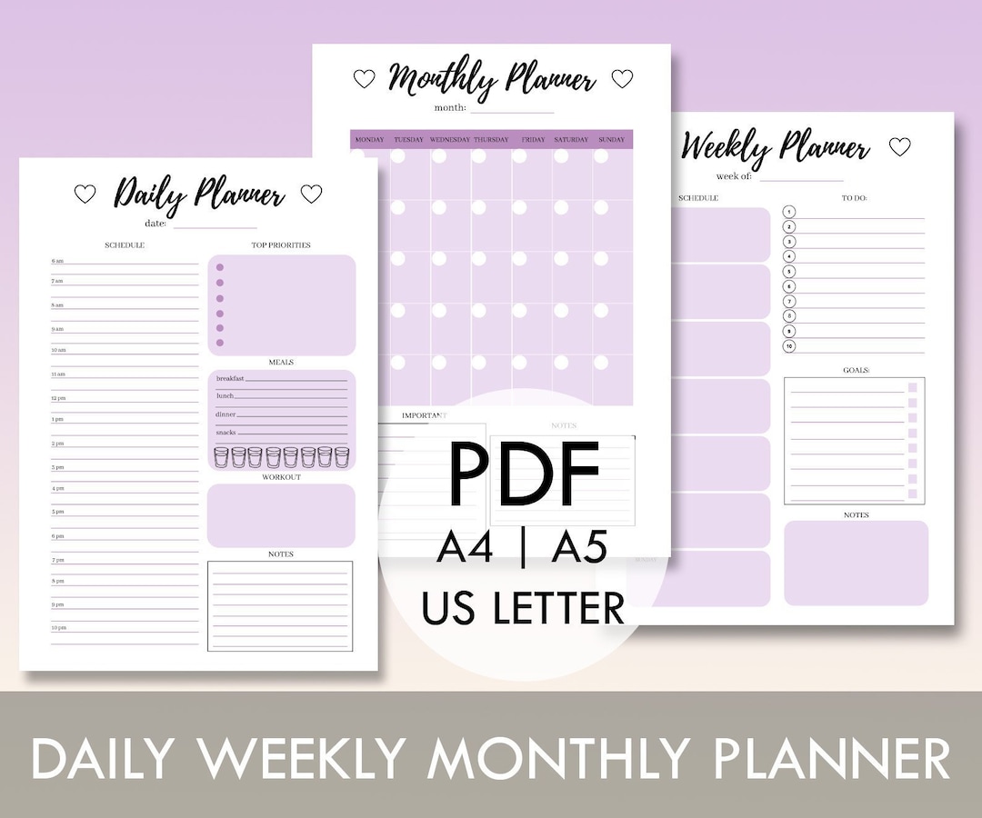 Purple Lavender Daily, Weekly and Monthly Planner Set, Printable A5 ...