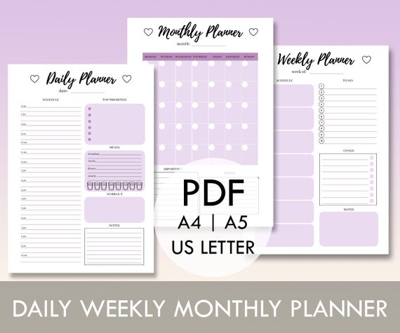Purple Lavender Daily Weekly and Monthly Planner Set | Etsy