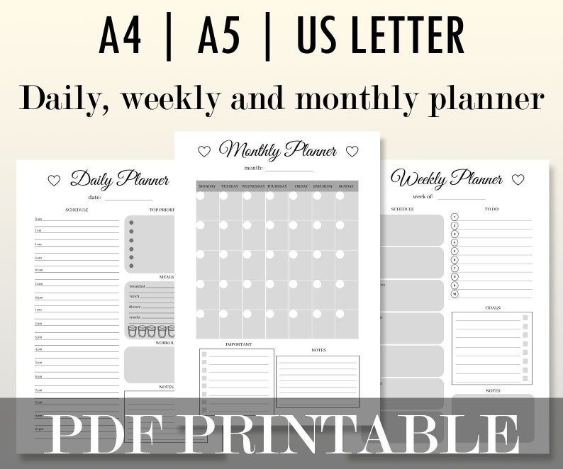 Plain Black and White Daily Weekly and Monthly Planner Set - Etsy