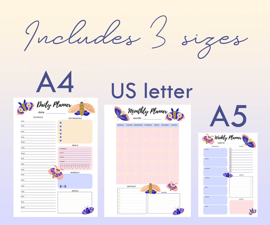 Moths Daily, Weekly and Monthly Planner Set, Printable A5 Planner ...