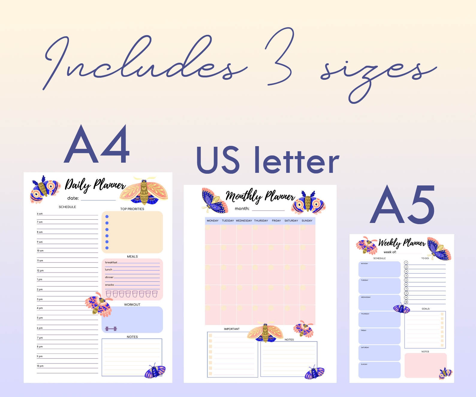 Moths Daily, Weekly and Monthly Planner Set, Printable A5 Planner ...