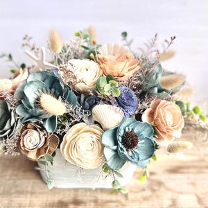 Sea Shell Beach Floral Arrangement, Wood Flowers, White Wash Tin, Ocean ...