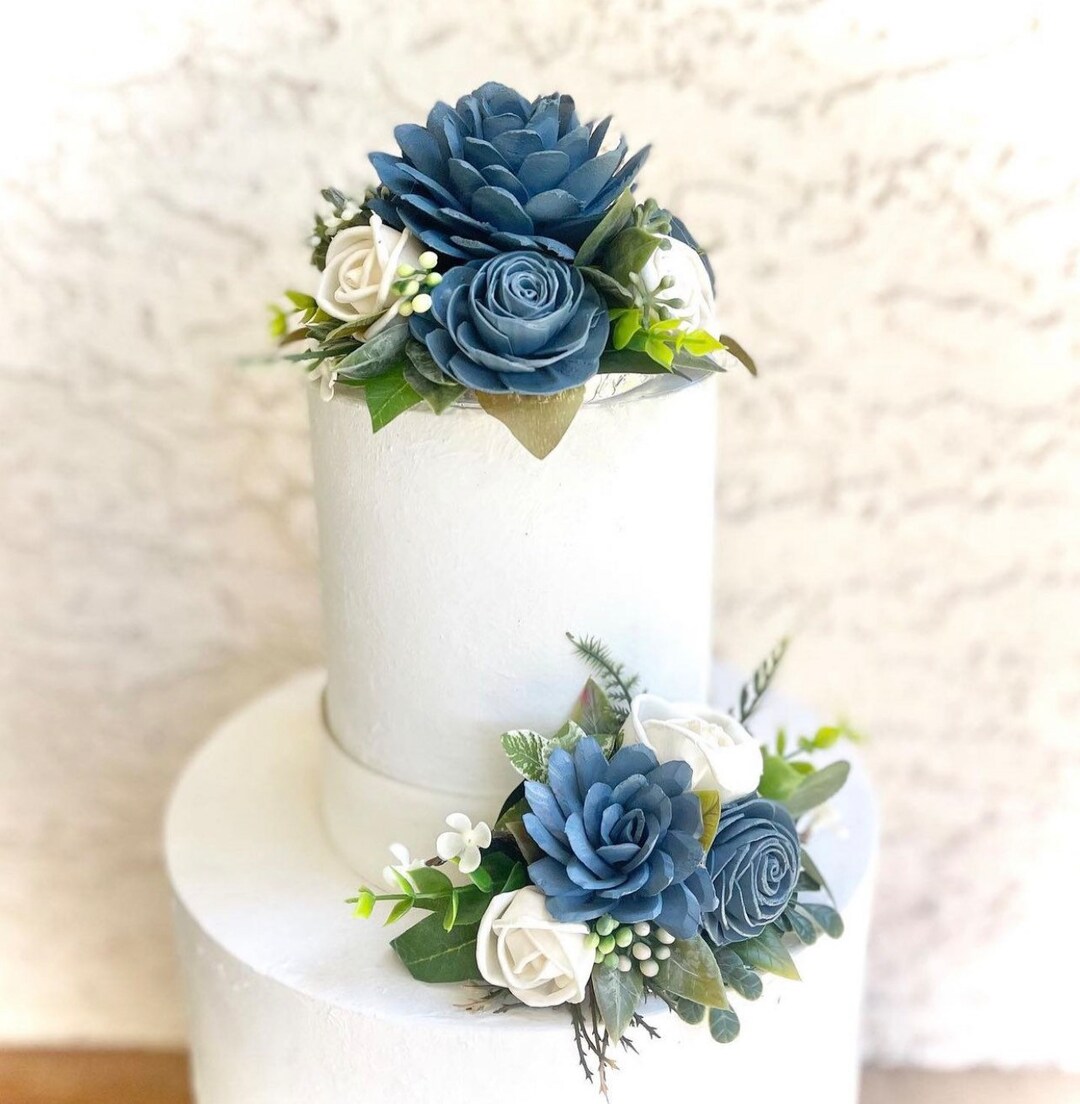 Slate Blue, Dusty Blue, Steel Blue Wedding Cake Flowers, Wooden Cake ...