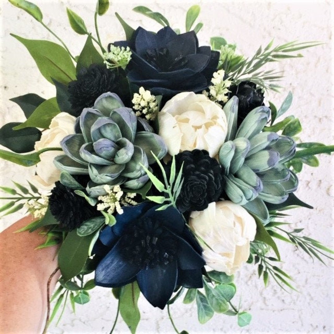 Midnight Blue, Ivory Succulent Green Bridal Bouquet, Wood Flower ...