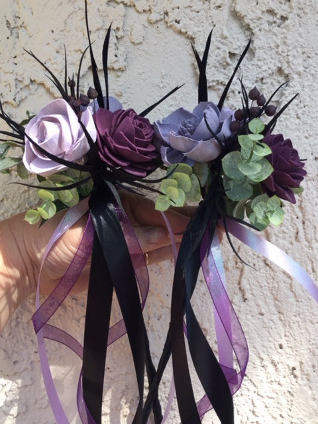 Wood Flower Presentation Wand Bouquet, Flower Girl Flowers Plums and ...