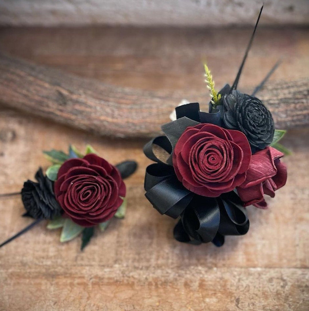 Red and Black Corsage & Boutonniere Set – Sola Wood Goth Prom Flowers ...