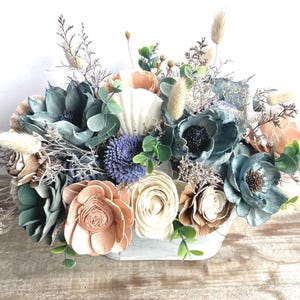 Sea Shell Beach Floral Arrangement, Wood Flowers, White Wash Tin, Ocean ...
