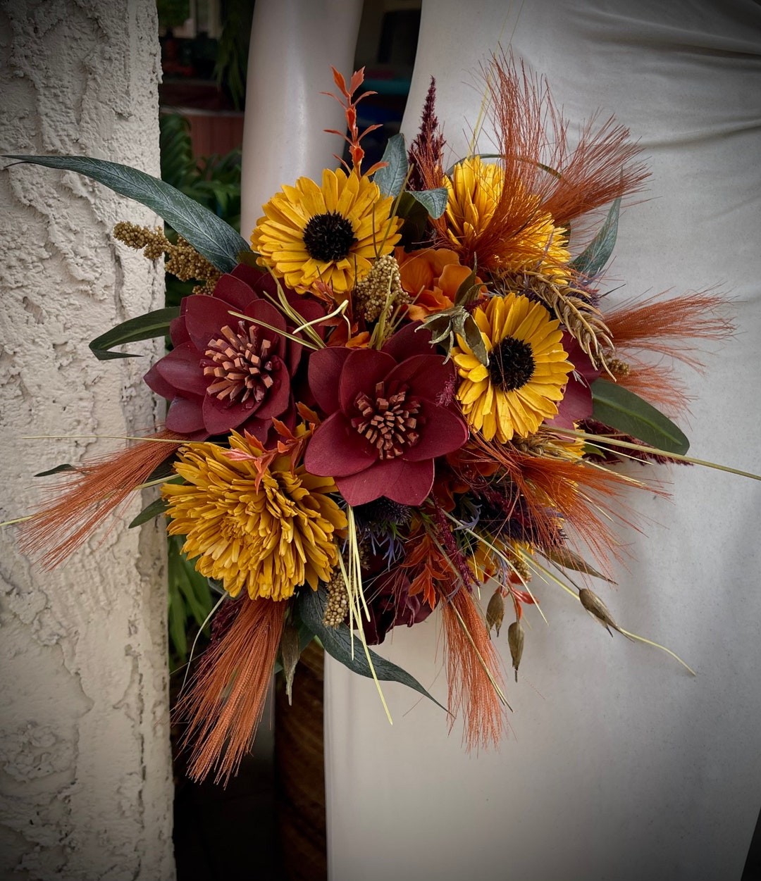 Rustic Autumn Wood Flower Sunflower Fall Bouquet Dark Red, Burnt Orange ...