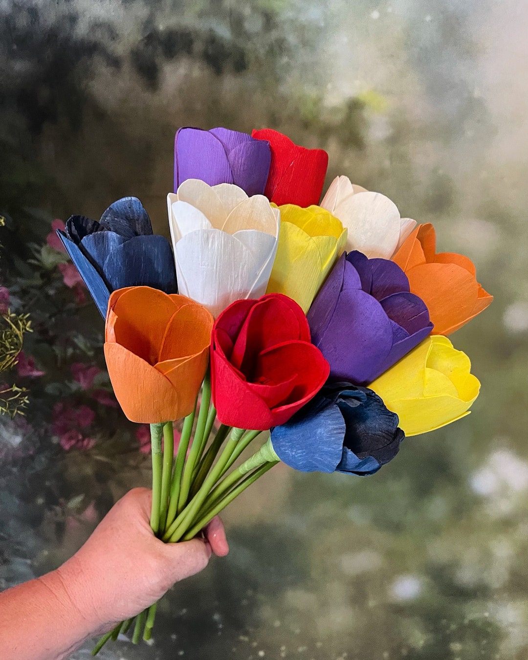 Big Bright Tulips Bouquet, Wood Flower Tulips Stemmed Sola Wood Flowers ...