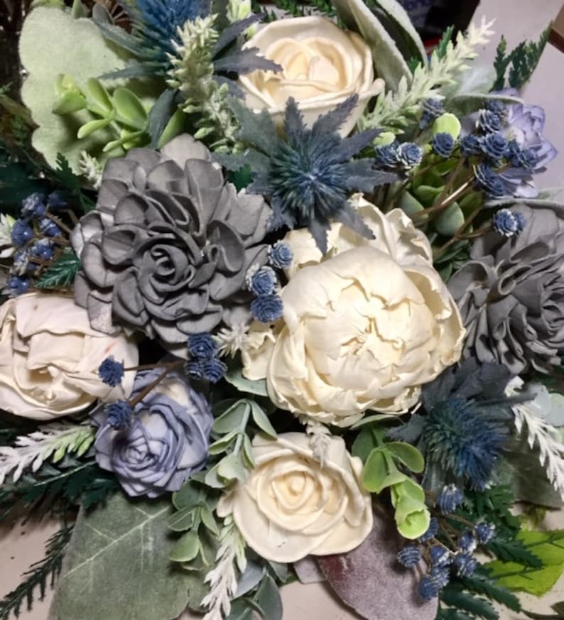 Wood Flower Bouquet in Slate Blue Dusty Blue Thistle Brunia | Etsy