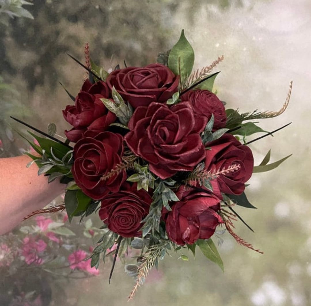 Rich Deep Classic Dark Red Bridal Bouquet, Red Rose, Sustainable ...