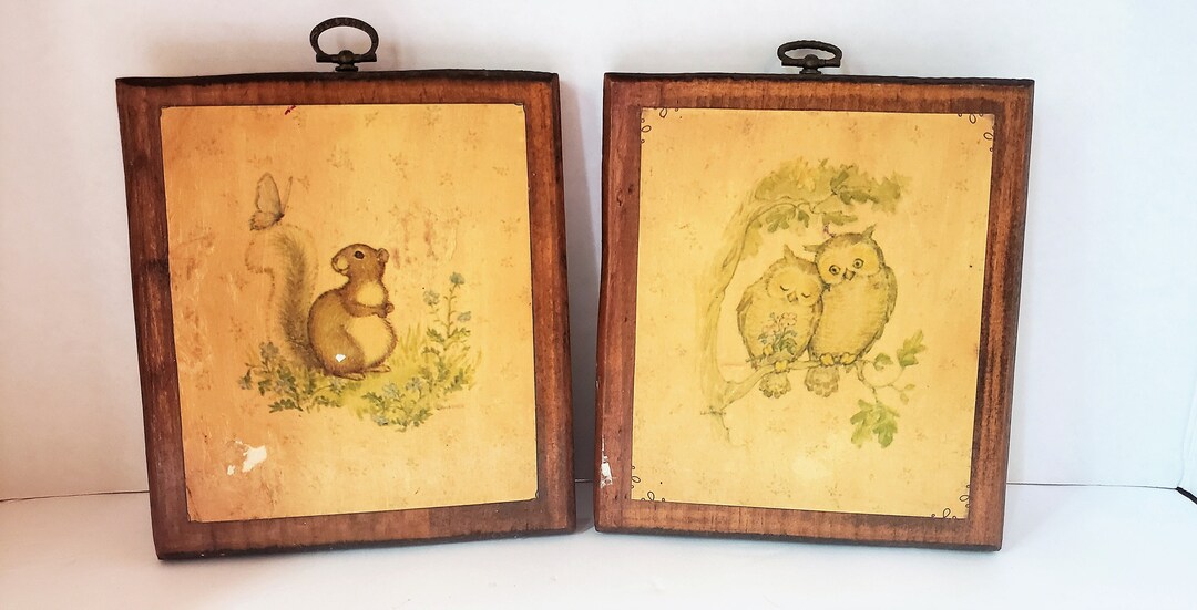 1970s Vintage Wooden Decoupage Plaques Owls and Squirrel Images / Loop ...