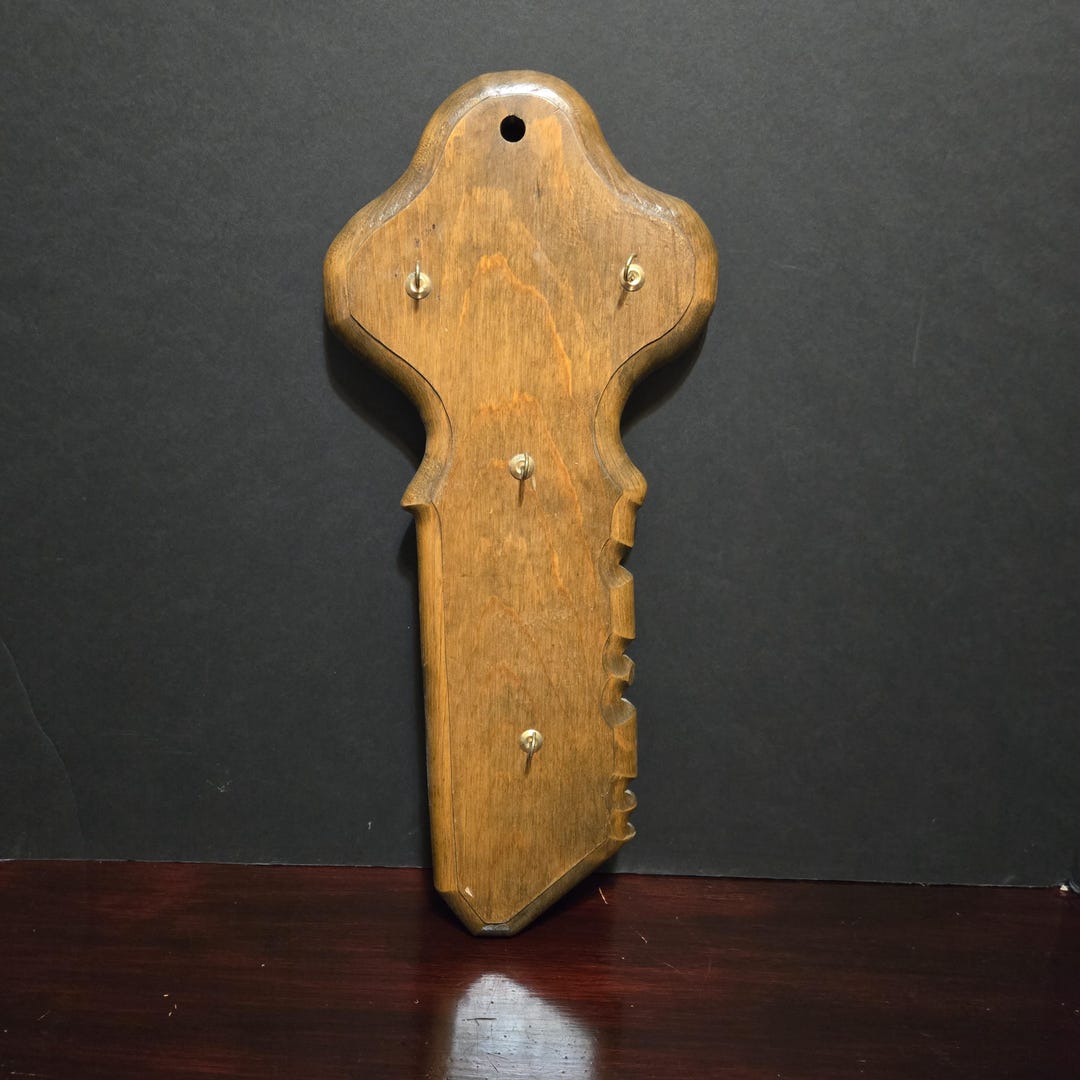 Wood Key Shaped Key Holder Rack With 4 Hooks Retro Wall Hanging MCM ...
