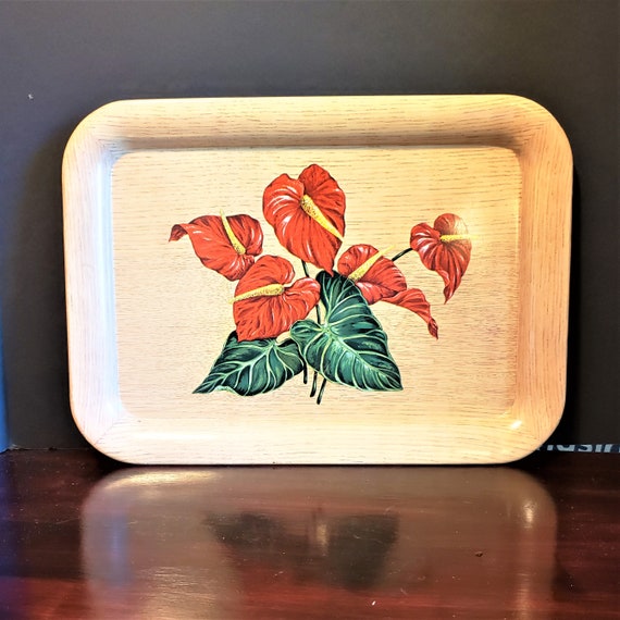 CAL DAK Metal TV Serving Trays Brown With Red Lilies Vintage Serving Breakfast Patio Deck Etsy