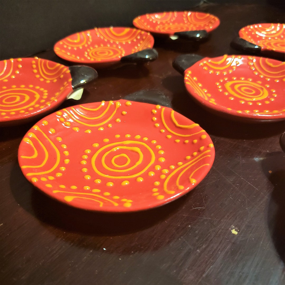 Set of 7 Ceramic Ladybug Snack Plates: Orange & Yellow Appetizer Dishes ...