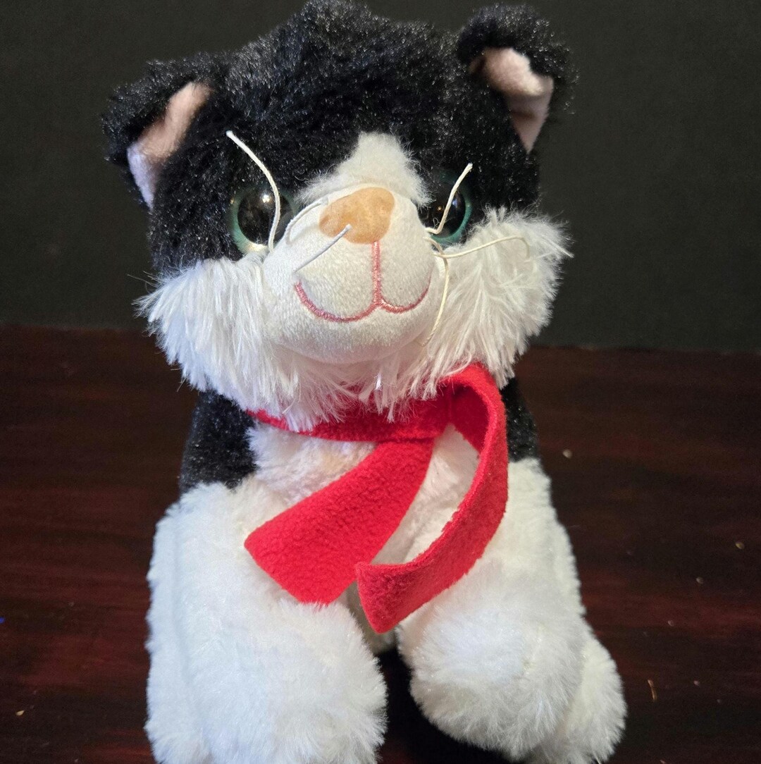 Black White Cat Kitten Red Bow Plush Stuffed Animal Toy Blue Eyes Kids ...