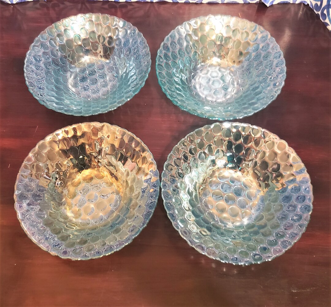 Iridescent Blue Bubble Glass Set of 4 Bowls 8" Diameter Mermaid ...