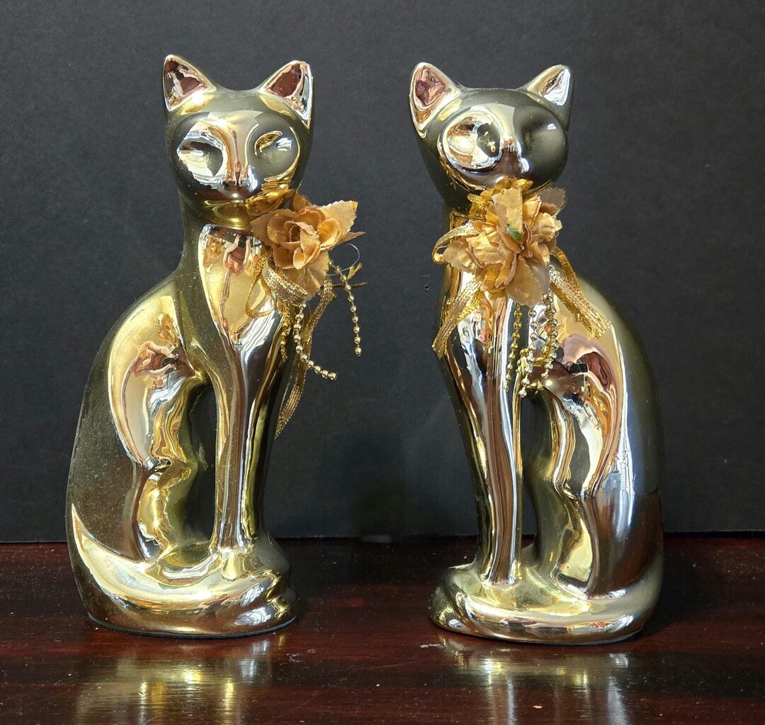 Mid Century Hollywood Regency Glam Cat Figurines Polished Gold Plate ...