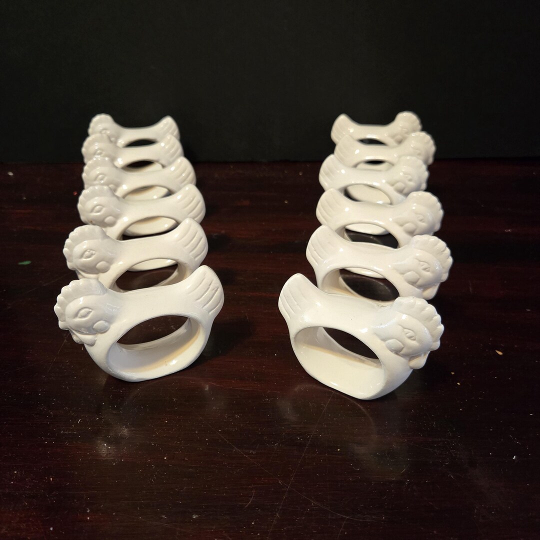 Vintage White Chicken HEN Porcelain Napkin Rings Set 12 Farmhouse Ranch ...