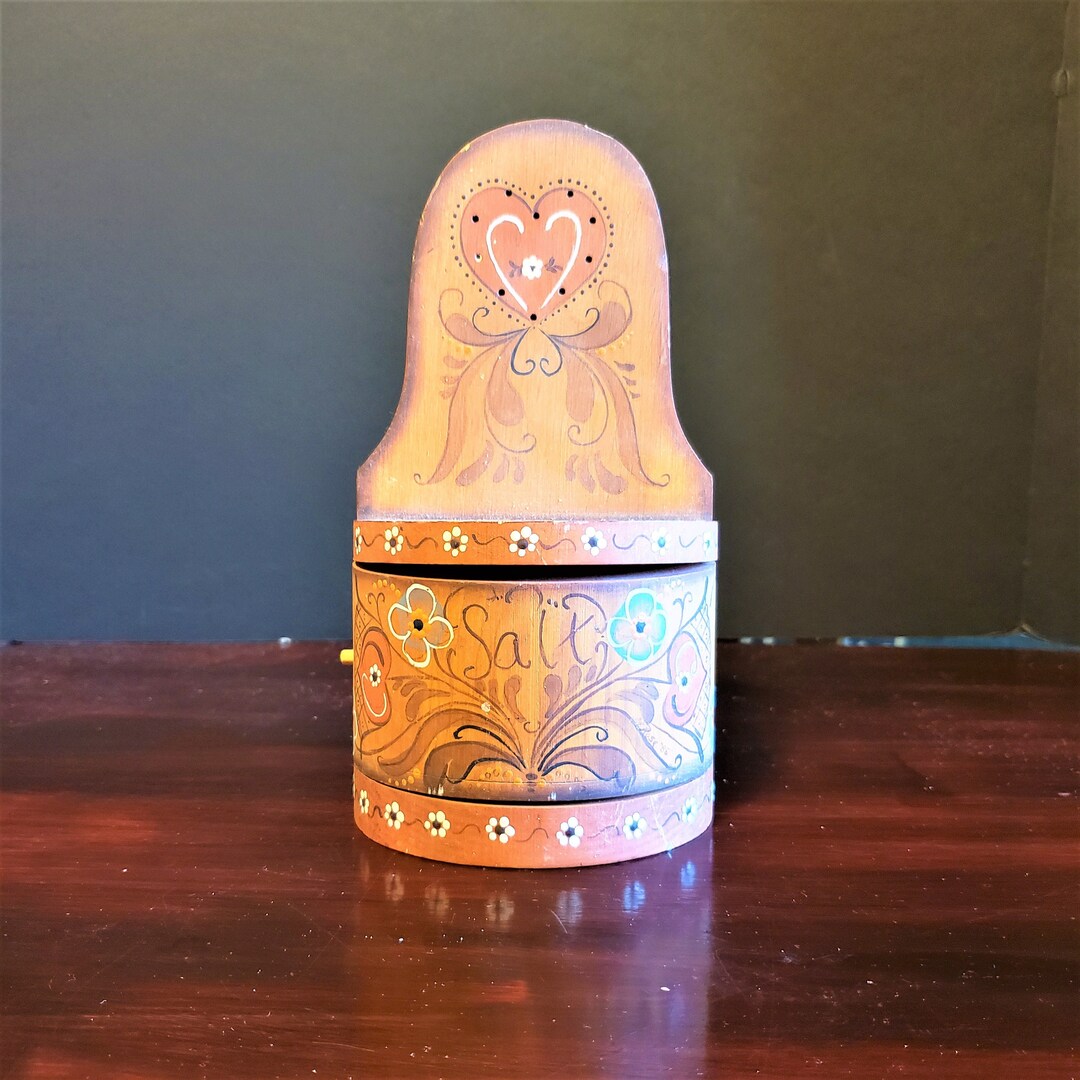 Wood Wall Salt Box Hand Tole Painted Storage Folk Art With Rotating ...