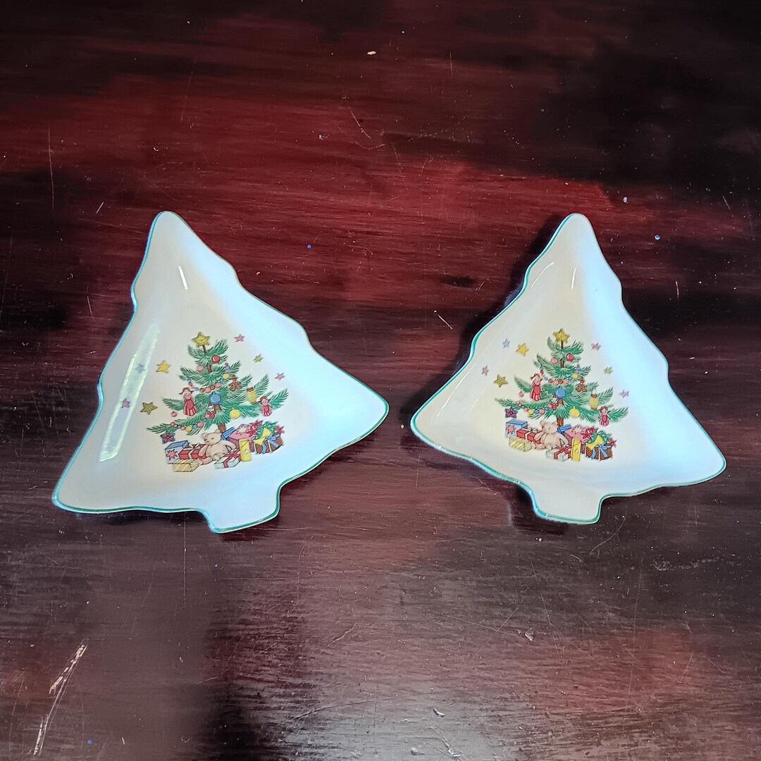 Pair of 7" Nikko Happy Holidays Christmas Tree Shaped Candy Dishes ...