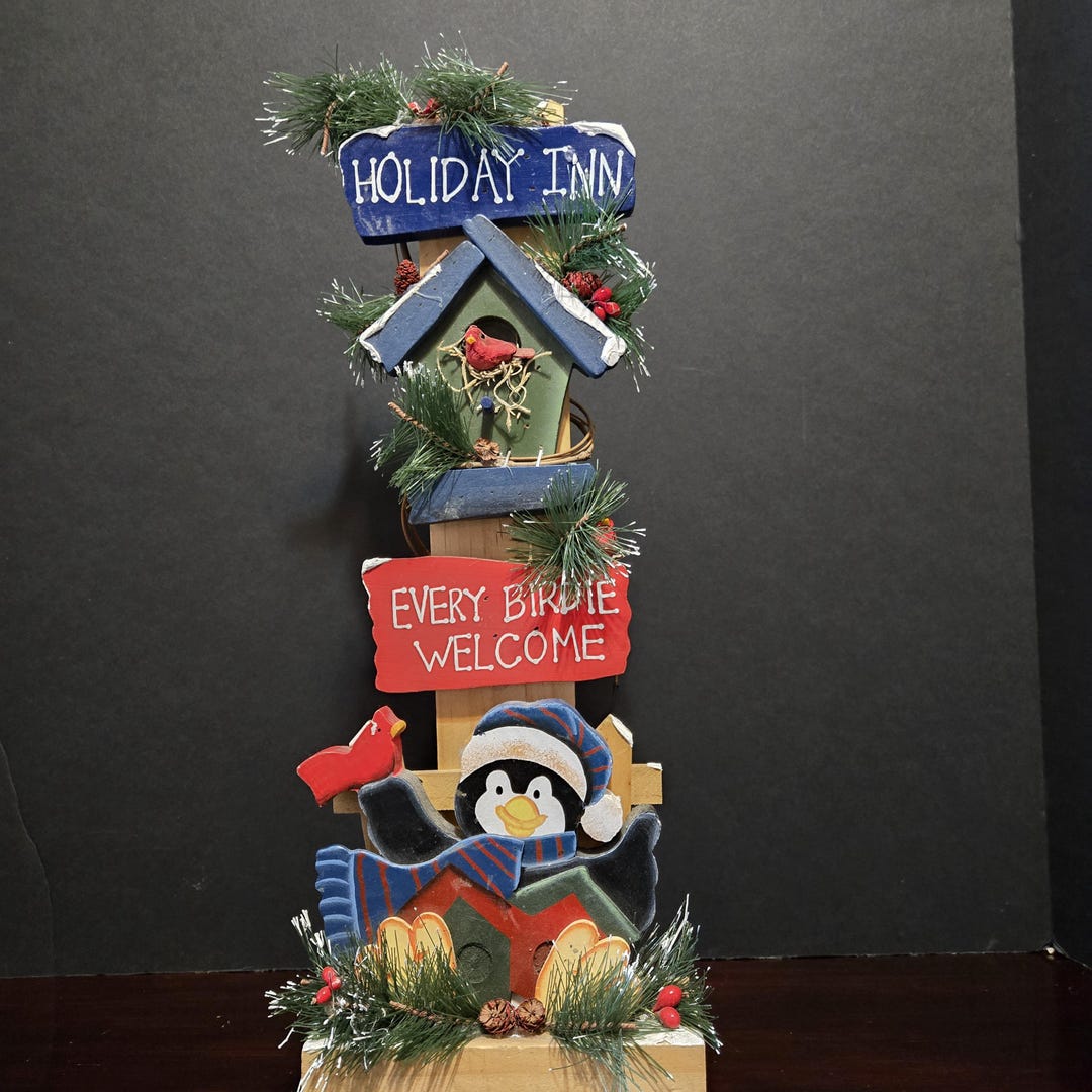 Rustic Handmade Standing Tabletop Sign Post Holiday Inn Penguins Bird ...