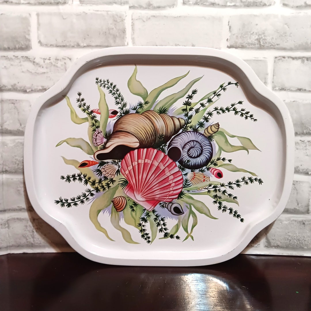 Vintage Large 16” Nautical/coastal Metal Tray White Seashell Design Tin ...