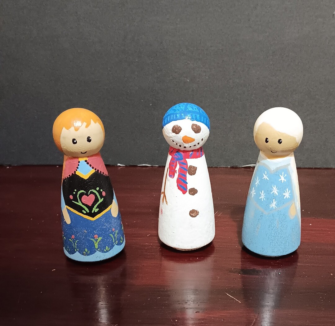 Frozen Princess Peg Doll Set Elsa Anna Olaf Hand Painted Craft Disney ...