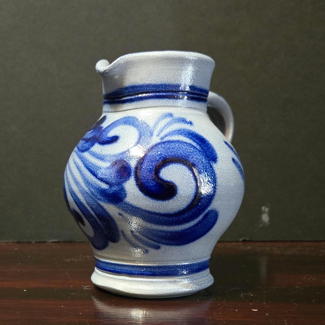 West German Handarbeit Hand Painted Blue Pottery Salt Glazed Pitcher 1/ ...