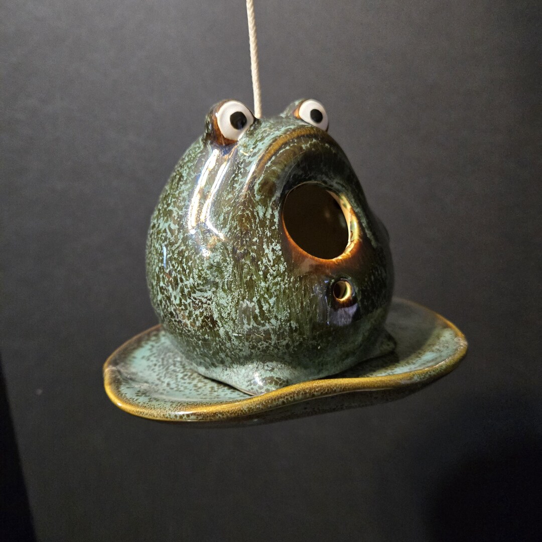 Frog Birdhouse Pottery Whimsy Silly Patio Big Mouth Collector Toad 4 ...