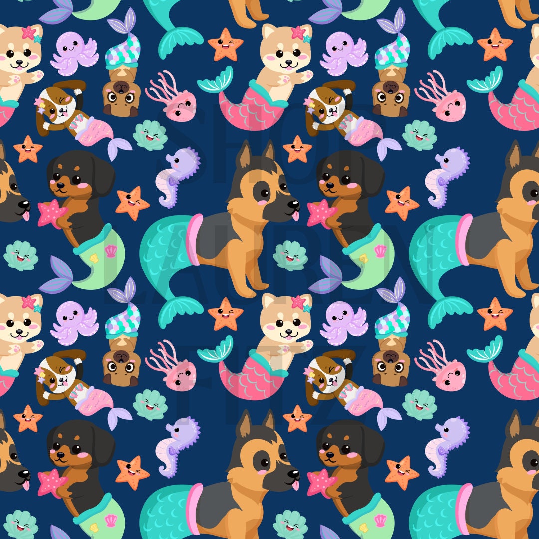 Dog Mermaids Under the Sea Creatures Seamless Pattern Files for Fabric ...