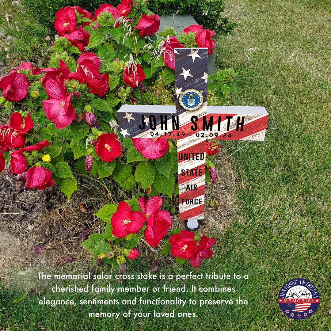 Military Memorial Garden Stake Personalized Solar Cross Memorial Grave ...