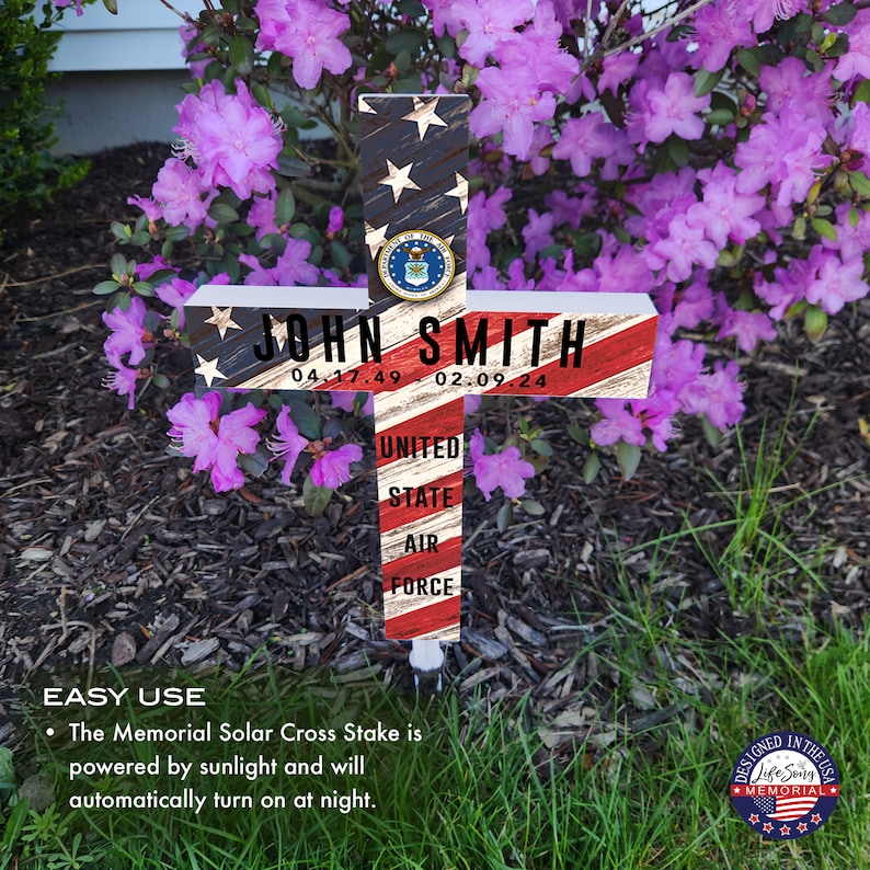 Military Memorial Garden Stake Personalized Solar Cross Memorial Grave ...