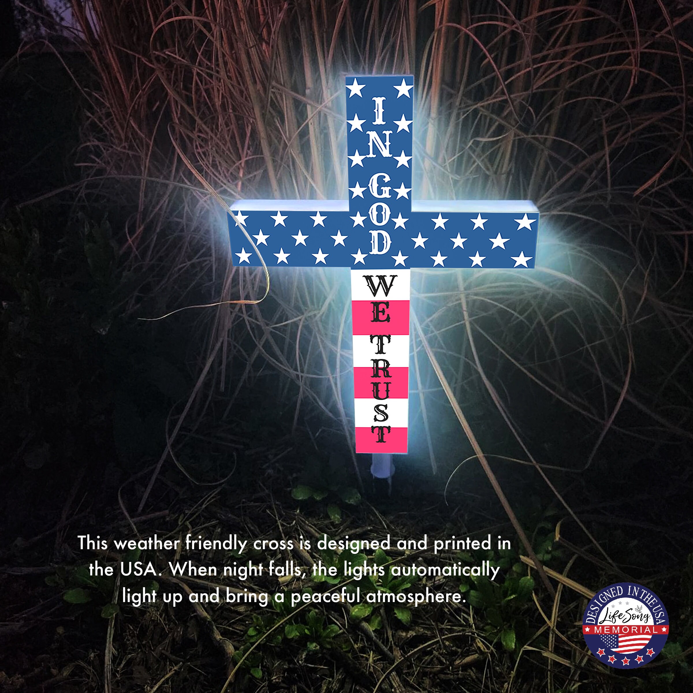 In God We Trust Garden Stake 4th of July Solar Cross Patriotic Grave ...