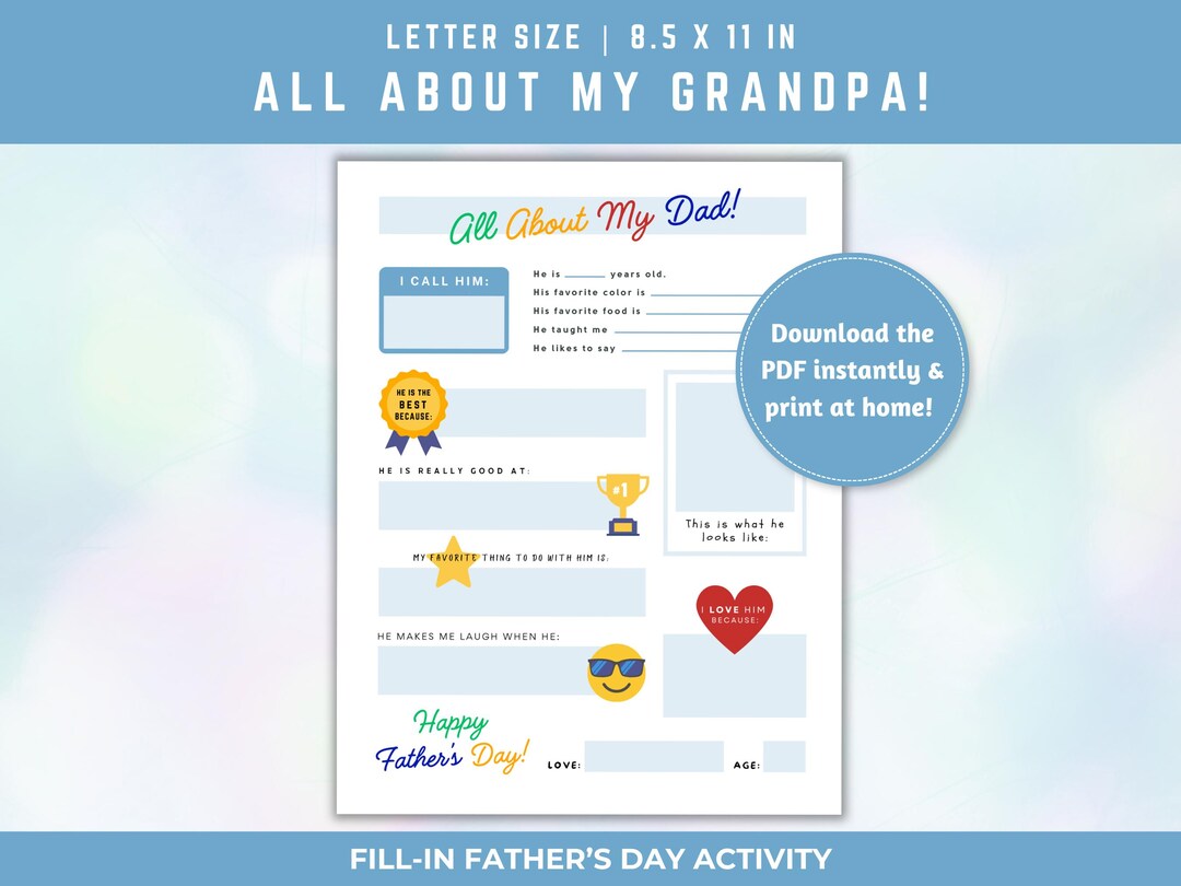 Fathers Day Template Kid Activity Page Download Grandpa Gift Blank ...