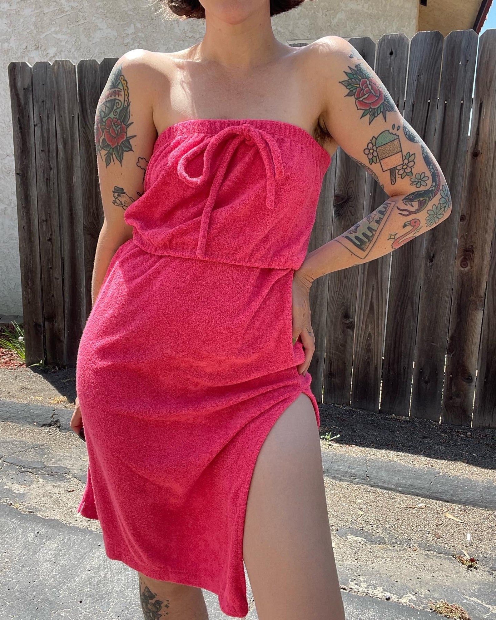 70s Hot Pink Terry Cloth Tube Top Dress Beach Coverup Etsy