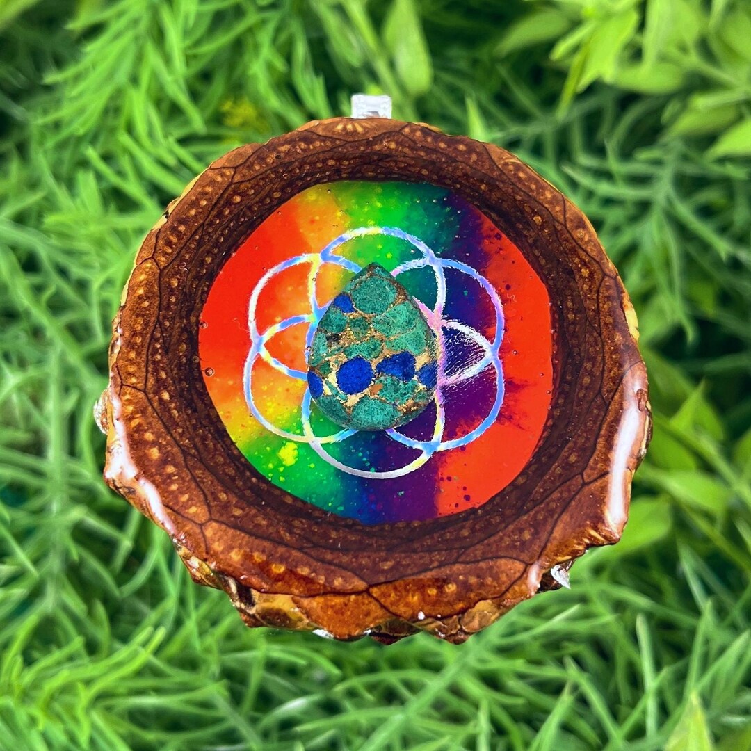 Rainbow With Azurite Malachite & Seed of Life Pinecone Pendant Necklace ...