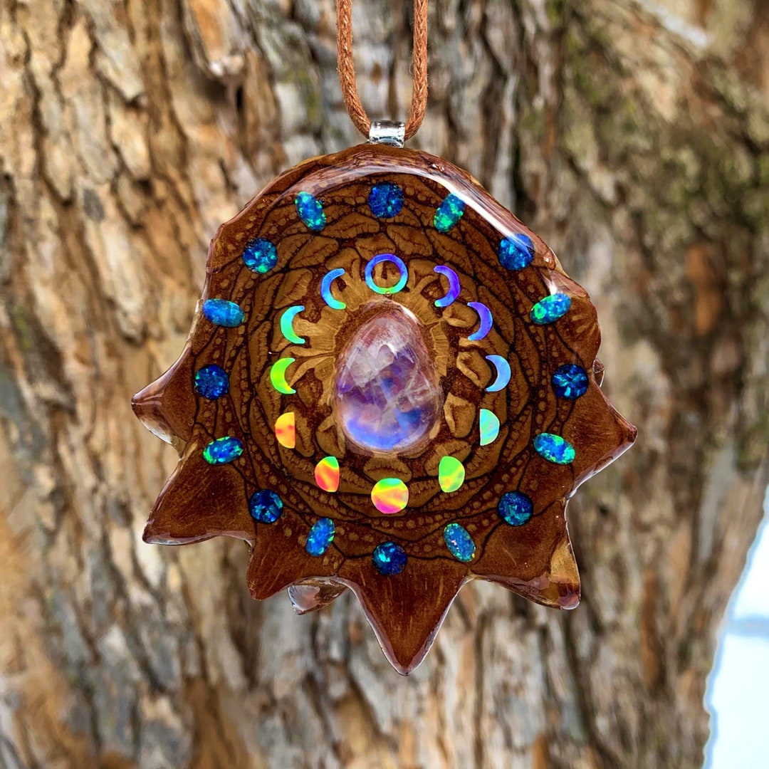 Moonstone With Moon Phases and Opal & Crushed Opal Pinecone Pendant ...