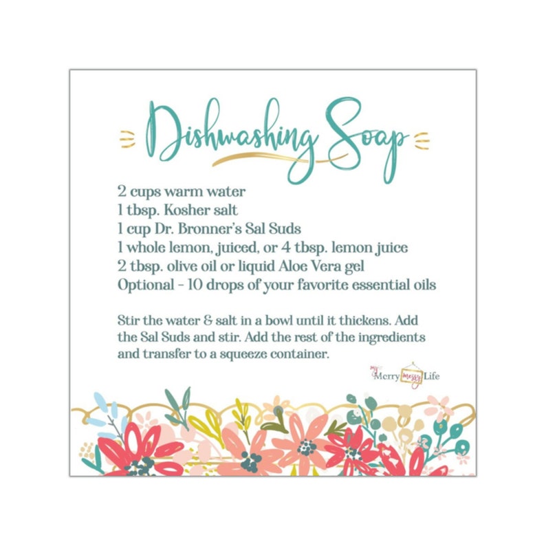 Natural Dishwashing Soap Vinyl Recipe Sticker Bottle Label - Cleaning ...
