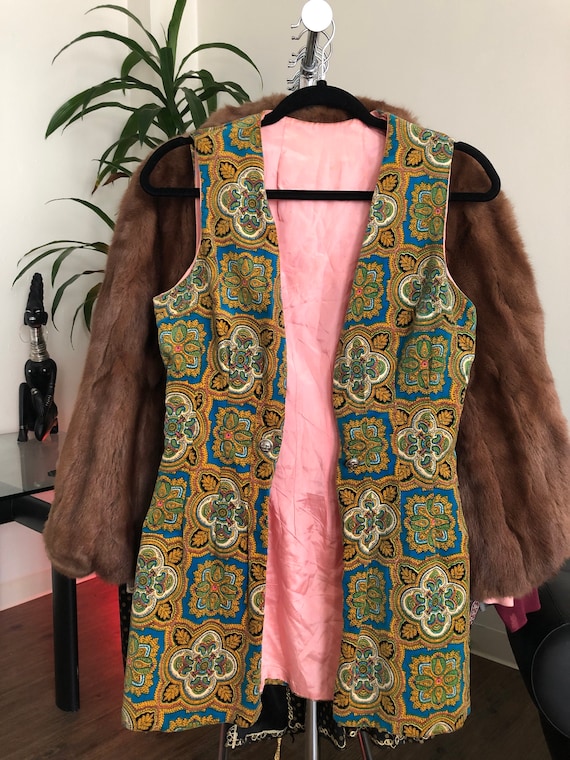 Vintage 1960's Long Velvet Bohemian Vest with Pink Li… - Gem