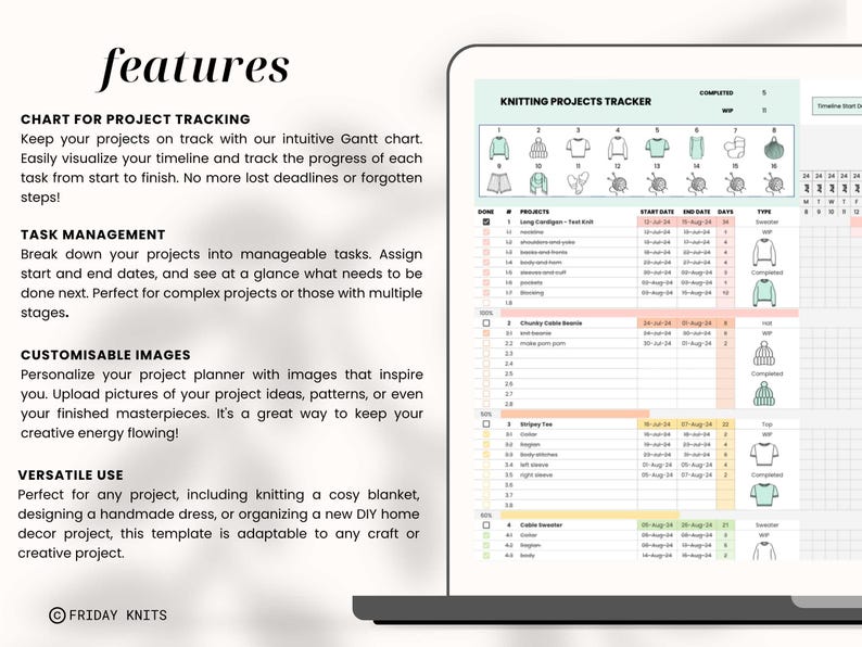 Knitting Project Tracker Google Sheets WIP Planner Spreadsheet Crochet ...