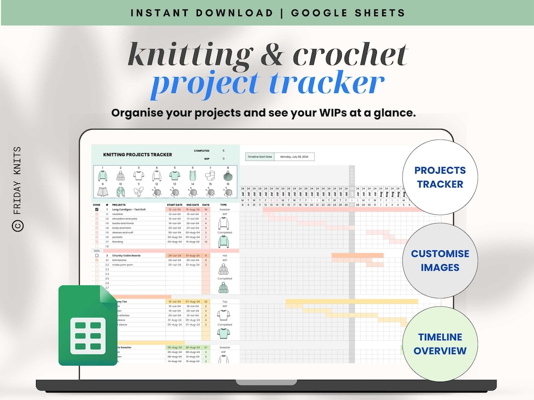 Knitting Project Tracker Google Sheets WIP Planner Spreadsheet Crochet ...