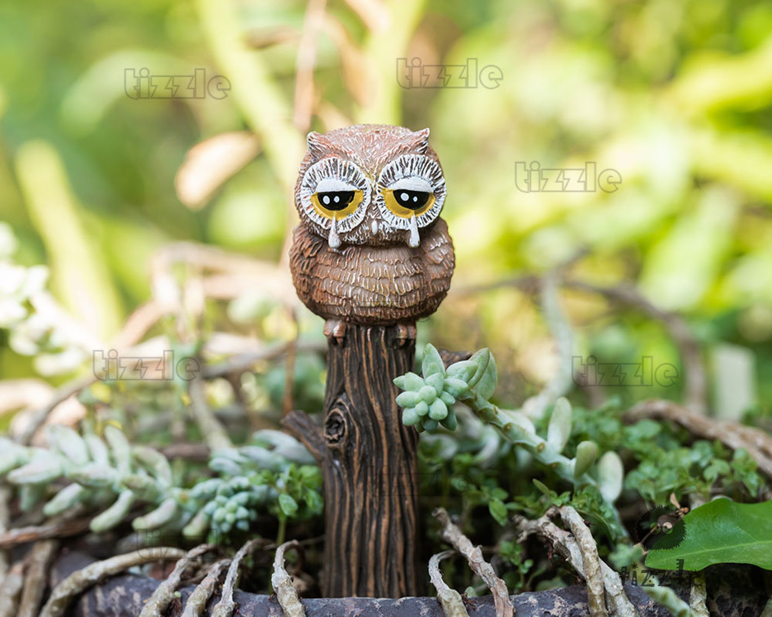 Miniature Fairy Small Owl Sitting on the Wooden Post Animal Figurines ...