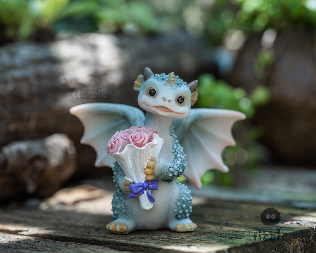 Miniature Fairy Small Grey Dragon Figurines Holding Flower Fairy Garden ...