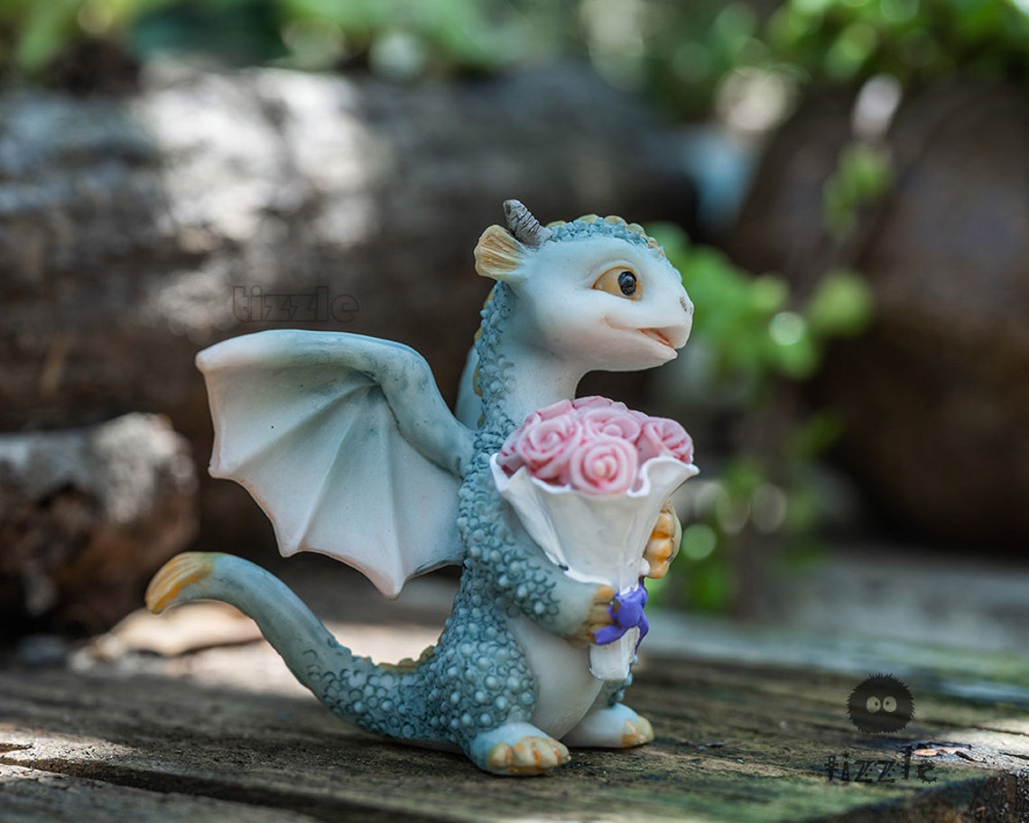 Miniature Fairy Small Grey Dragon Figurines Holding Flower | Etsy