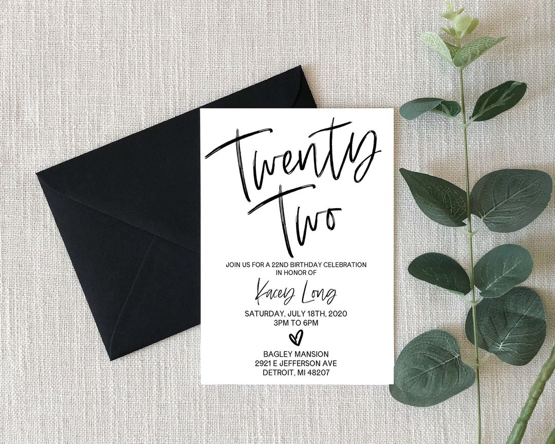 Twenty Two 22nd Birthday Party Invitation | Editable B-day Party Invite ...