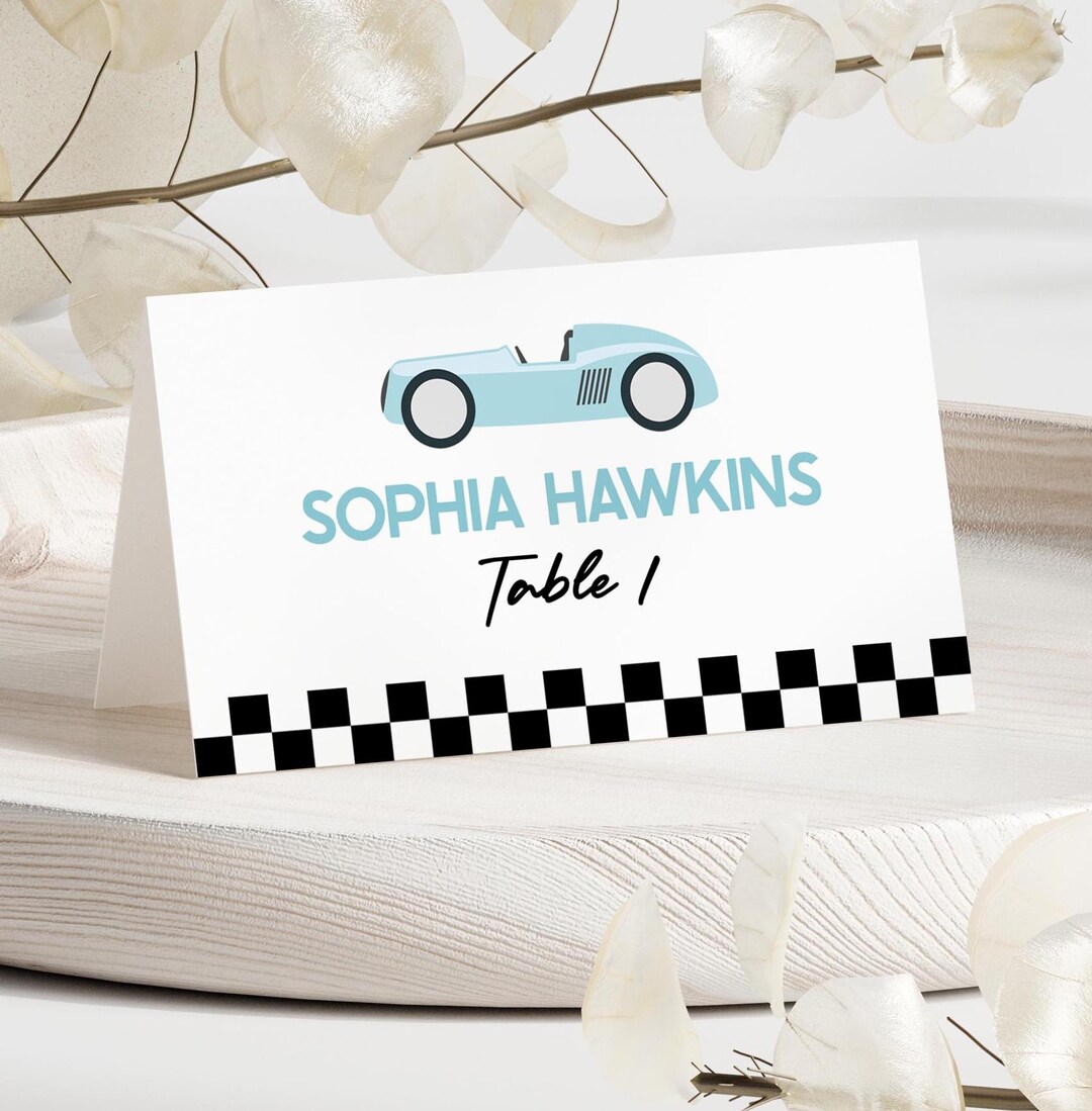 Blue Race Car Name Place Card | Editable Template | Baby Shower ...