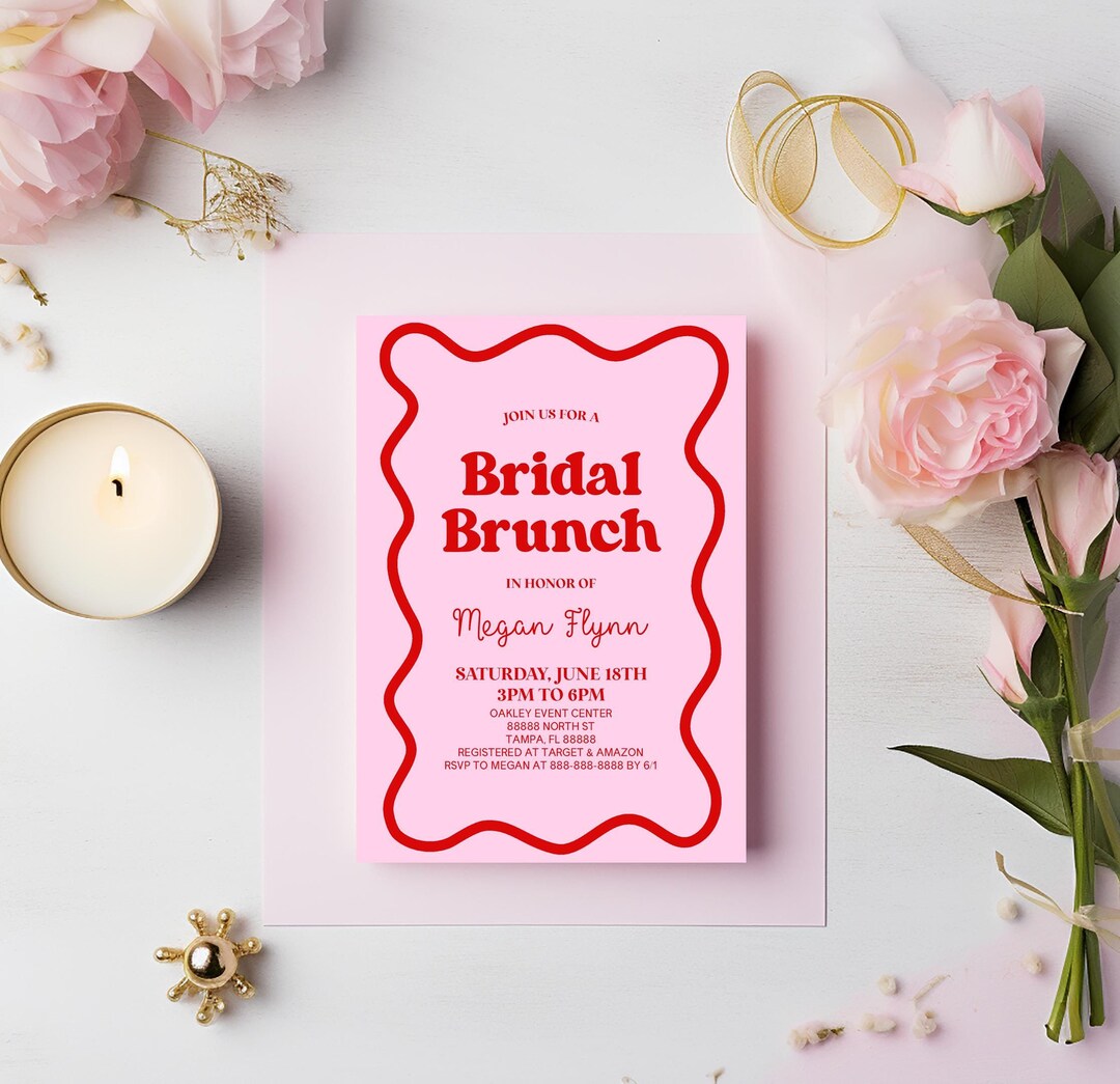 Hand Drawn Wavy Border Bridal Shower Brunch Invitation | Editable Pink ...