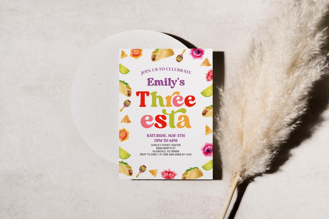 Three Esta 3rd Birthday Party Invitation | Retro Taco Fiesta Third ...