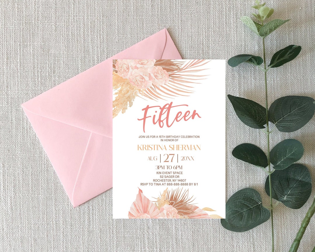 15th "fifteen" Birthday Party Invitation | Boho Soft Pink Floral B-day ...